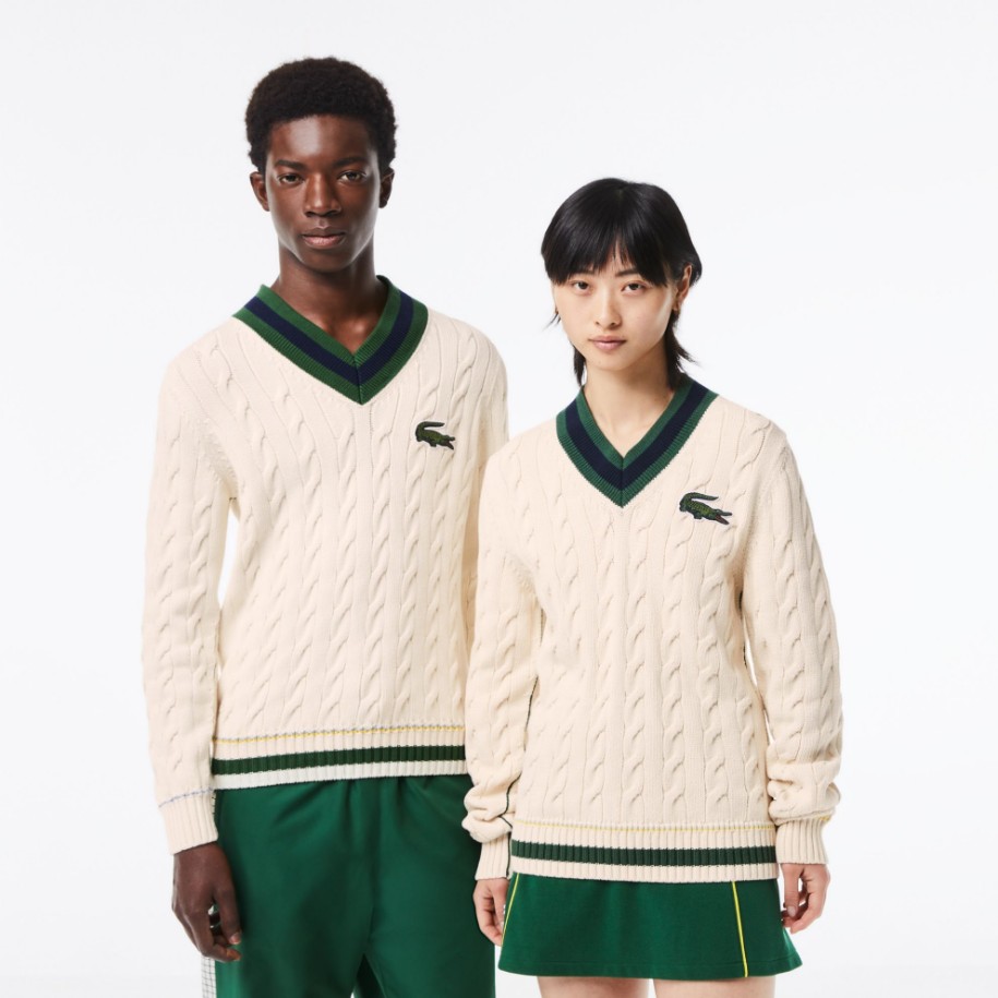 Unisex Lacoste V-Neck Cable Knit Πουλόβερ από Οργανικό Βαμβάκι ...