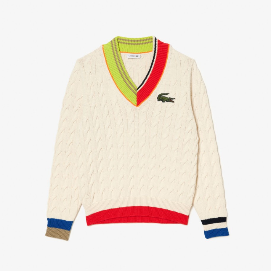 Γυναικείο Lacoste Cable Knit Colour Twist V-neck Πουλόβερ | Lacoste ...